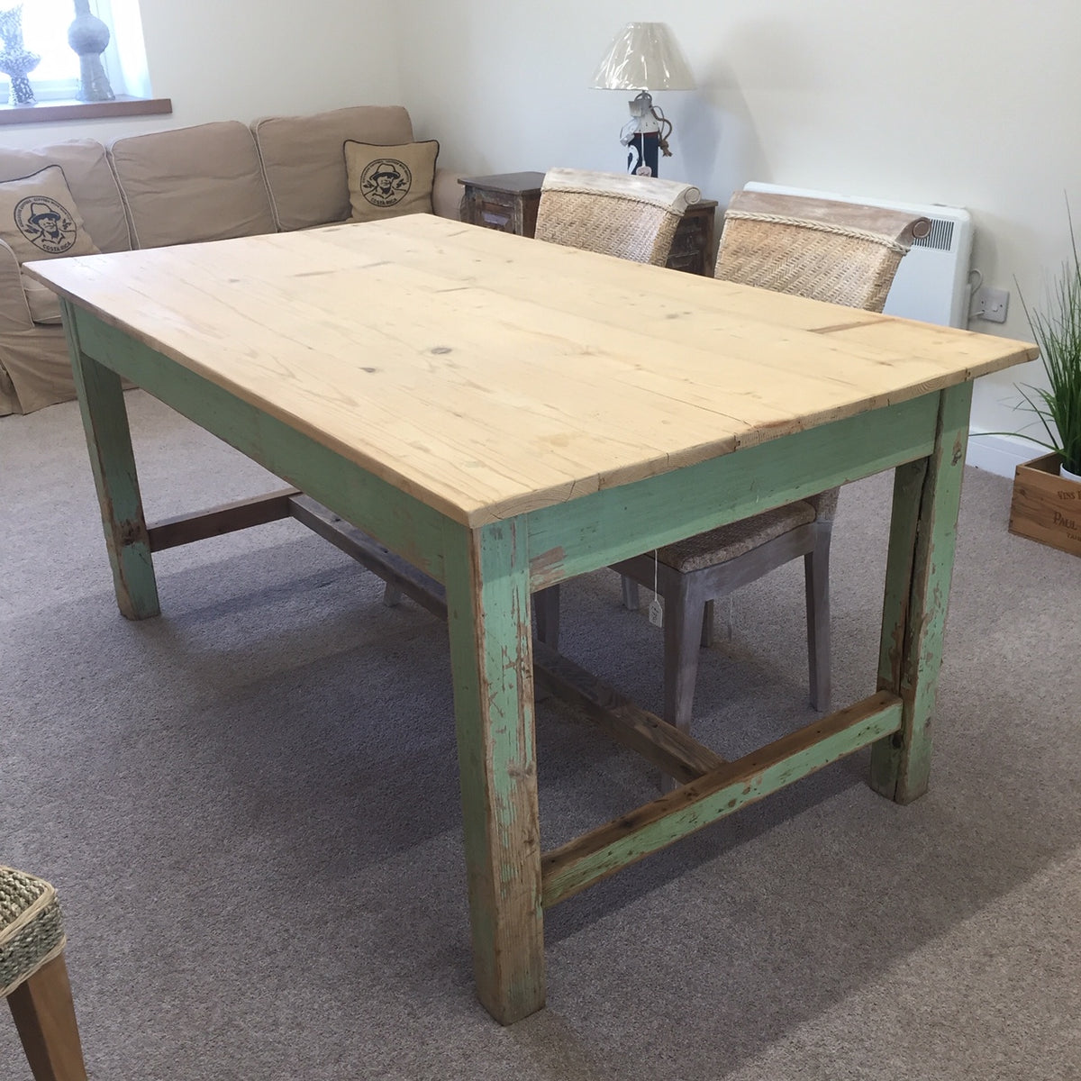 Vintage Pine Table With Green Painted Legs. – Reclaimed and Vintage